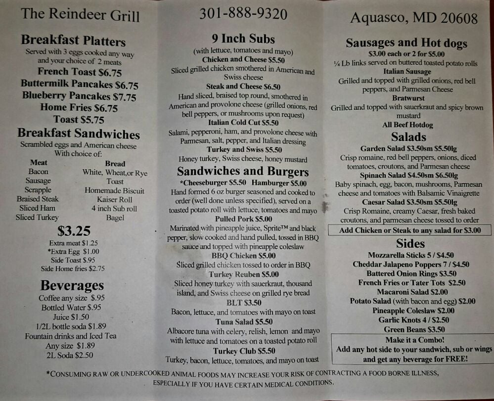 Online Menu of Reindeer Grill - CLOSED Restaurant, Aquasco, Maryland ...