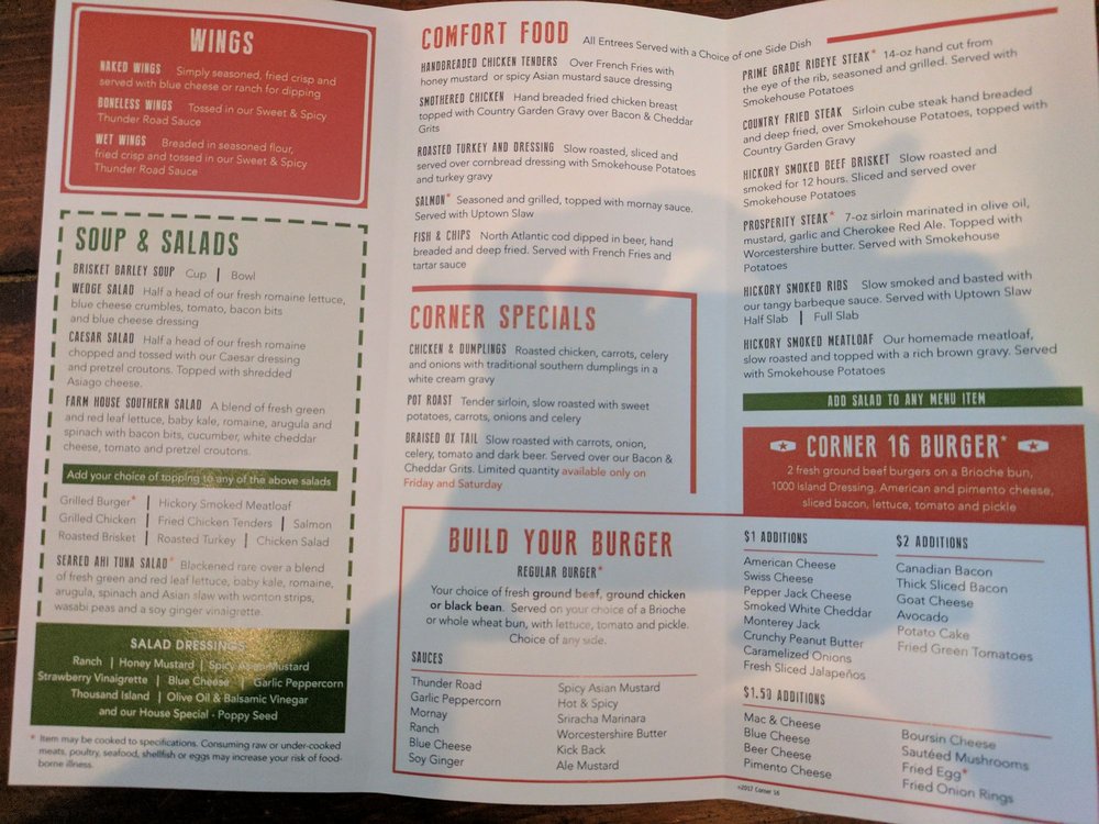 Online Menu of Corner 16 Restaurant, Knoxville, Tennessee, 37931 - Zmenu