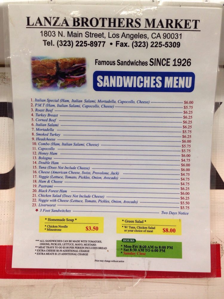 Online Menu of Lanza Brothers Market Restaurant, Los Angeles ...