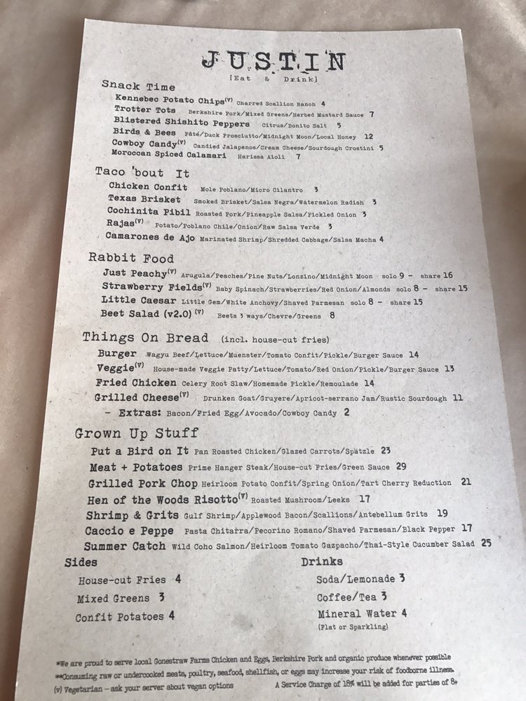 Online Menu of Justin - Eat & Drink - CLOSED Restaurant, Cathedral City ...
