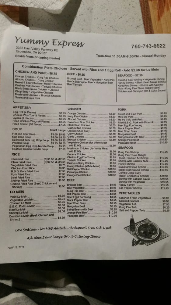 Online Menu of Yummy Express Restaurant, Escondido, California, 92027 ...