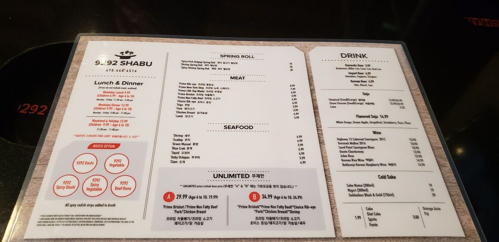Online Menu of 9292 Shabu Restaurant, Duluth, Georgia, 30096 - Zmenu
