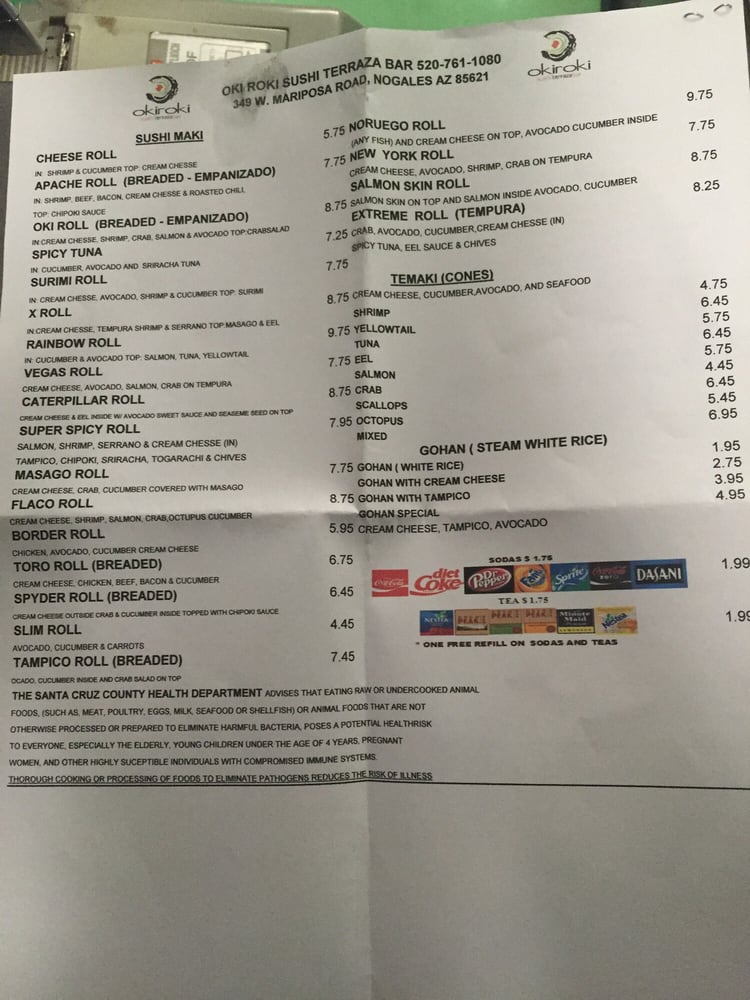 Online Menu of Oki-Roki Sushi Restaurant, Nogales, Arizona, 85621 - Zmenu