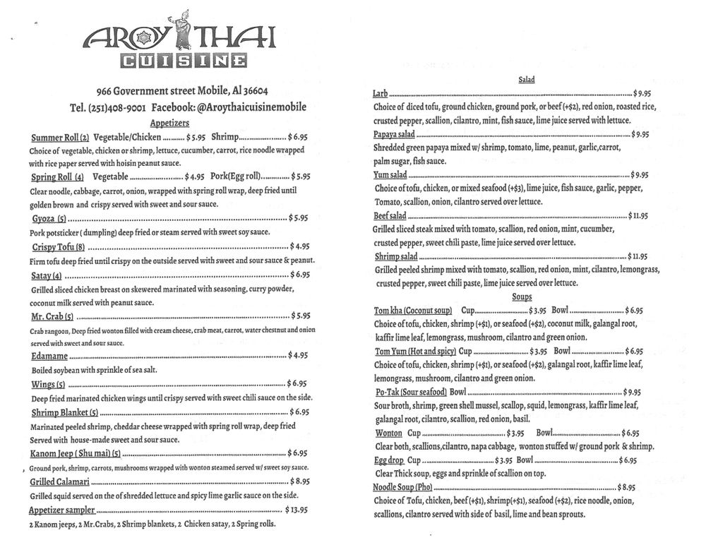 Online Menu of Aroy Thai Cuisine Restaurant, Mobile, Alabama, 36604 - Zmenu